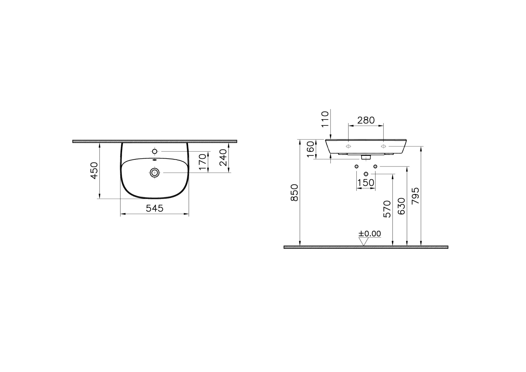 Hanging Washbasin Zentrum With Mixing Hole And Exit Hole 55 Cm ...